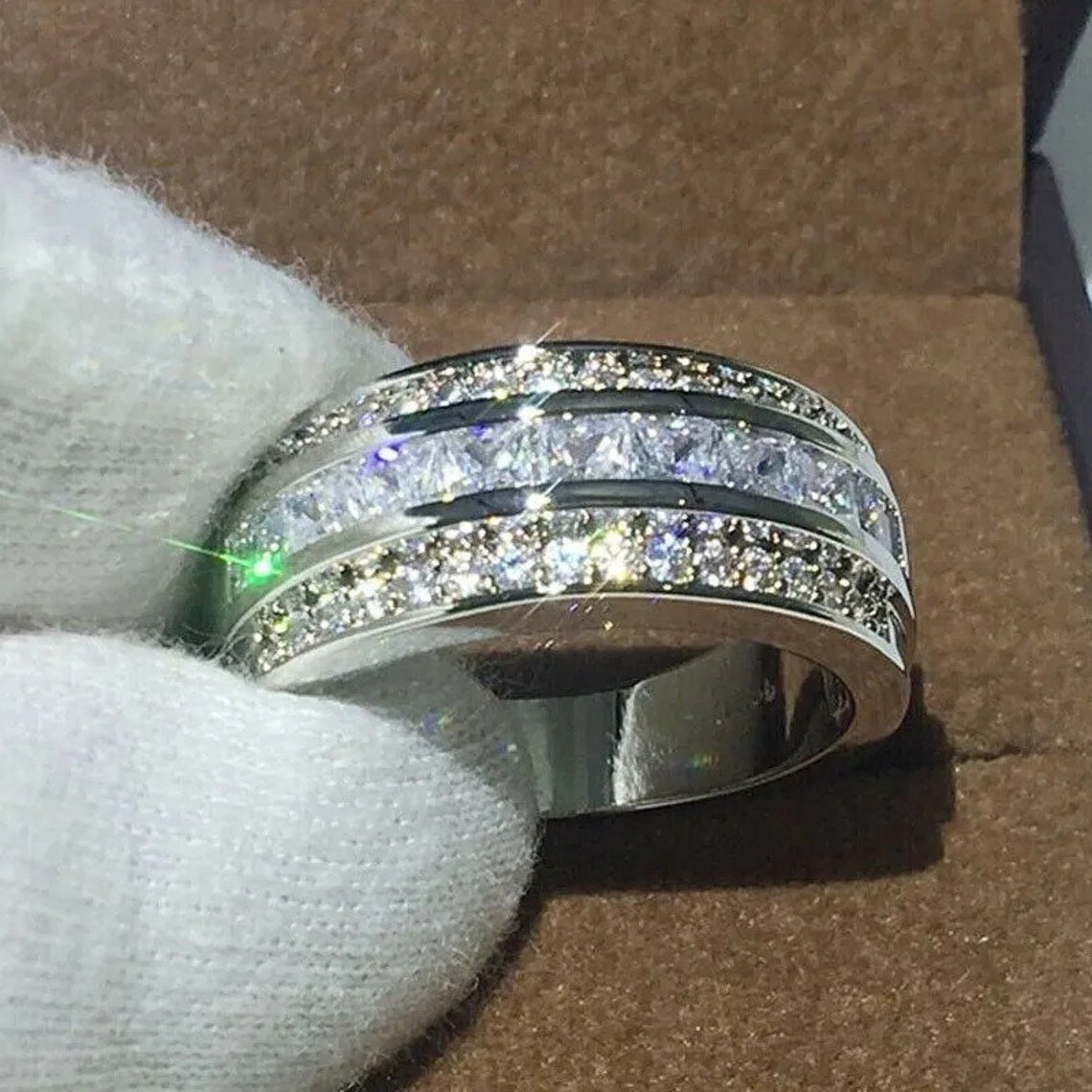 Moissanite Men's Wedding Band: 935 Silver Half Eternity Anniversary ...