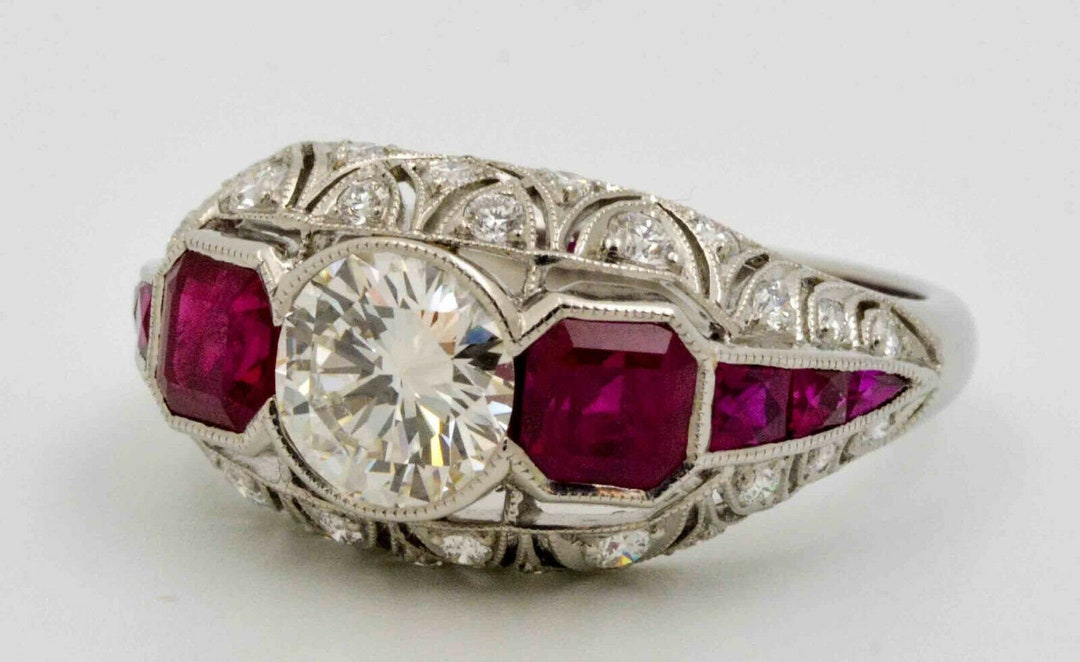 Three-stone Art-deco Ring, 3.00 CT Lab Diamond & Red Ruby Engagement ...
