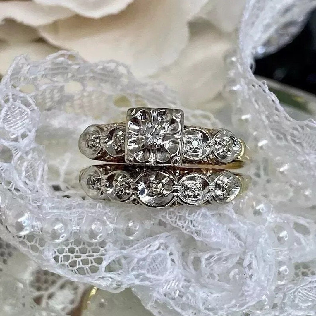 1950s Art Deco Moissanite Ring Set: 14K Yellow Gold Vintage Bridal ...