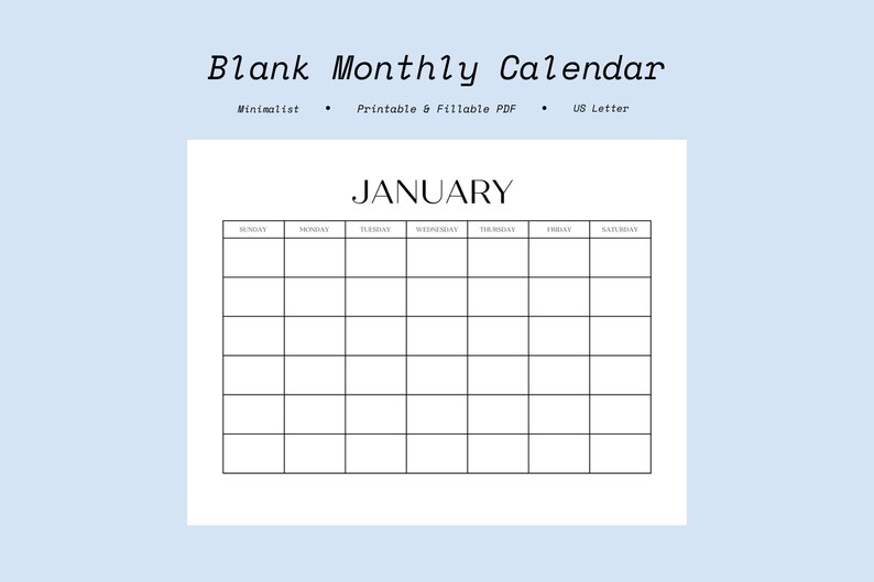 Minimalist Blank Monthly Calendar Letter Horizontal - Etsy