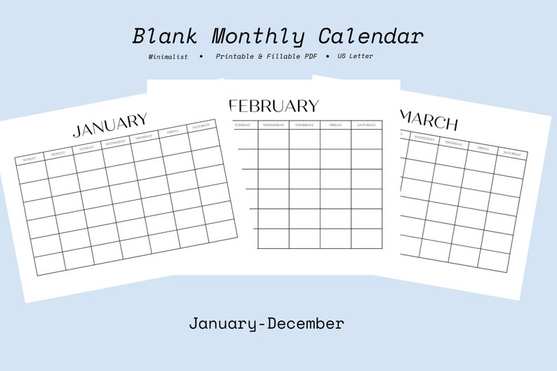 Minimalist Blank Monthly Calendar - Letter, Horizontal Printable PDF ...