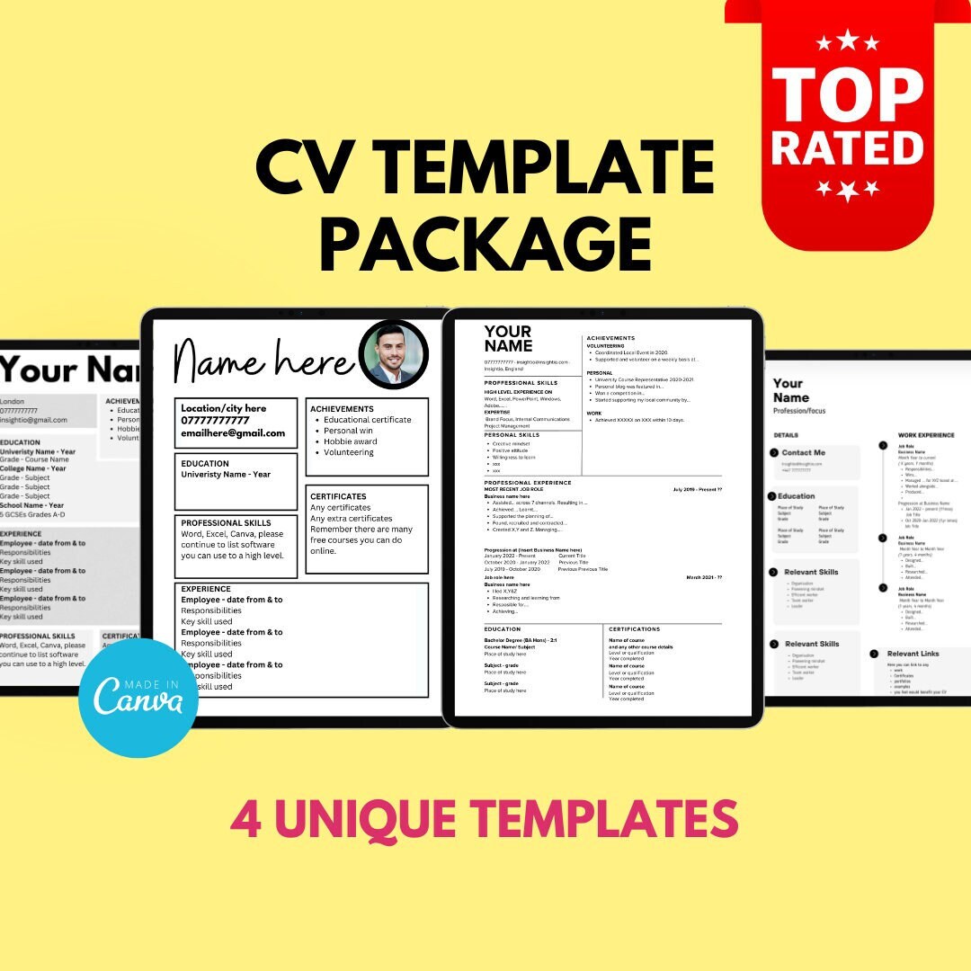 Buy CV Template Pack X4 Professional, Modern, Resume, UK CV, Canva ...