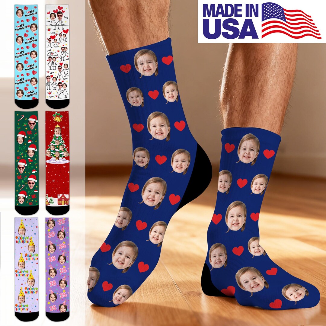 Custom Face Sock, Personalized Text Photo Unisex Adult Sock, Xmas Gift ...