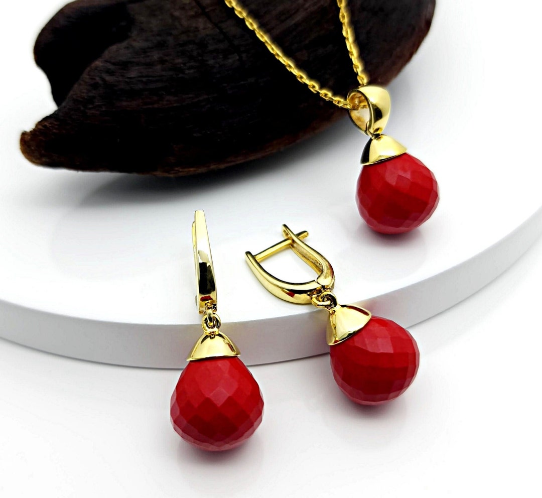 Red Coral Earrings, Silver Red Coral Set , Ocean Sea Coral Dangle ...