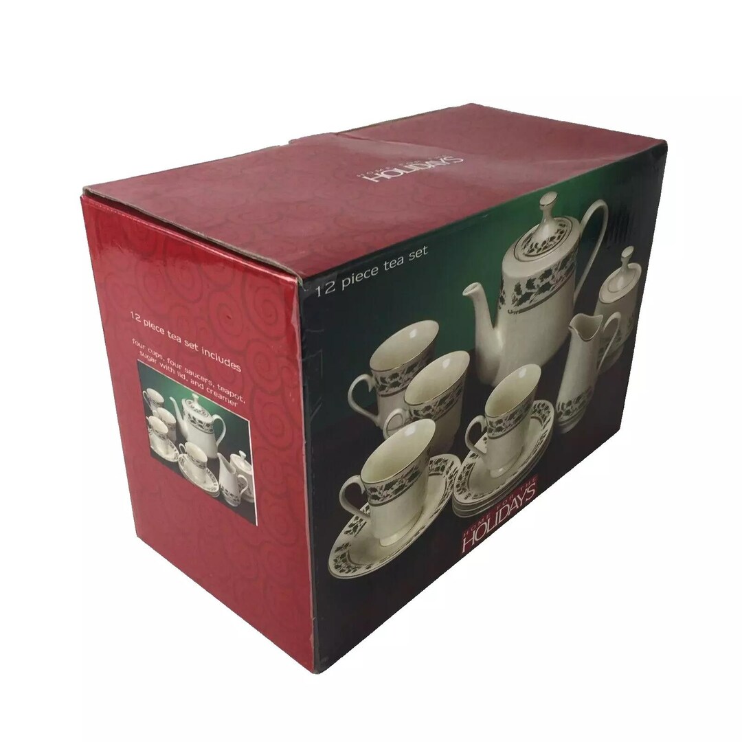 Home for the HOLIDAYS 12 Piece Tea Set Holly Gold Trim Porcelain NEW in ...
