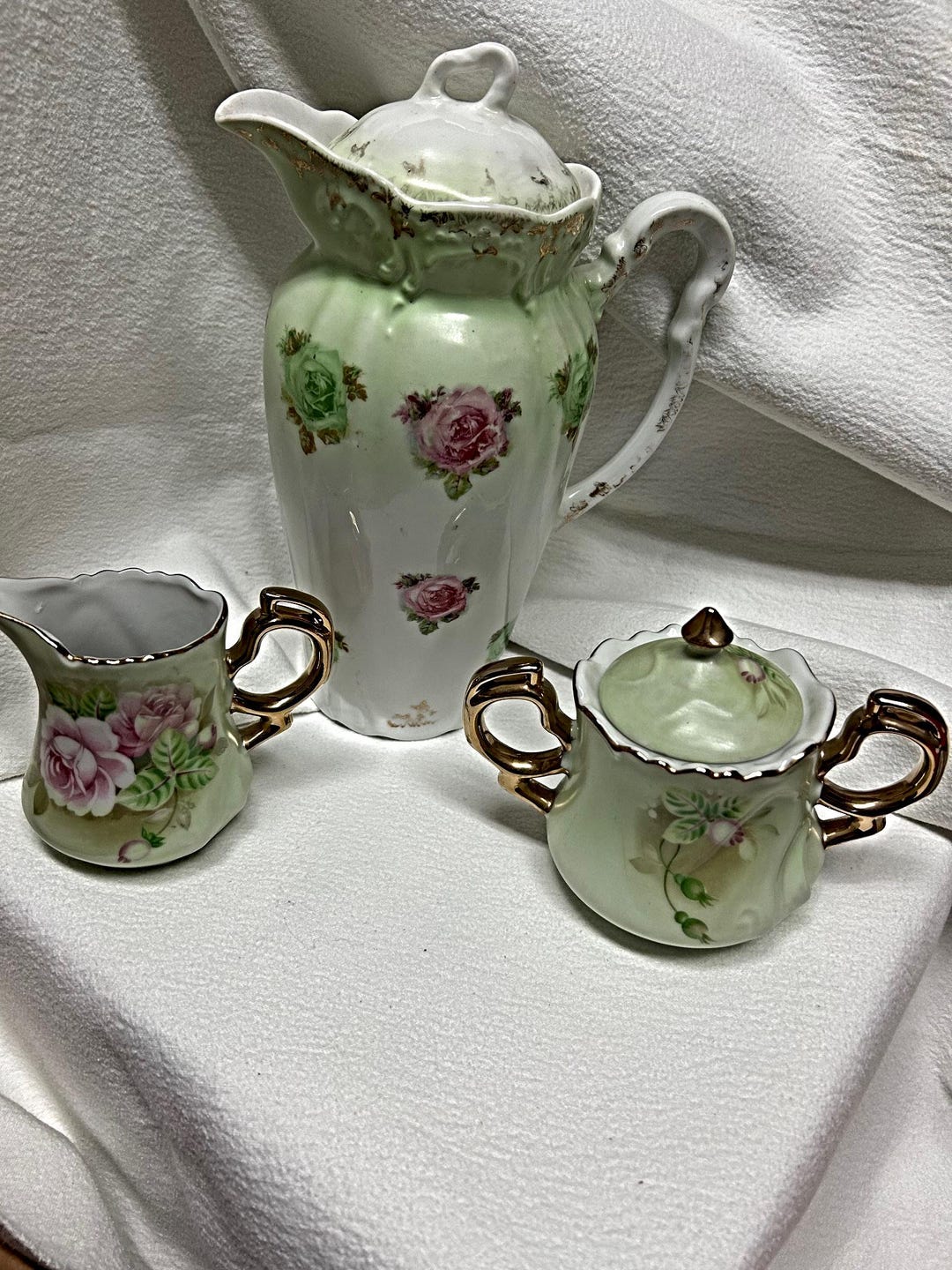 Vintage LEFTON Green Heritage Pink Rose Lidded Teapot, Sugar and Cream ...