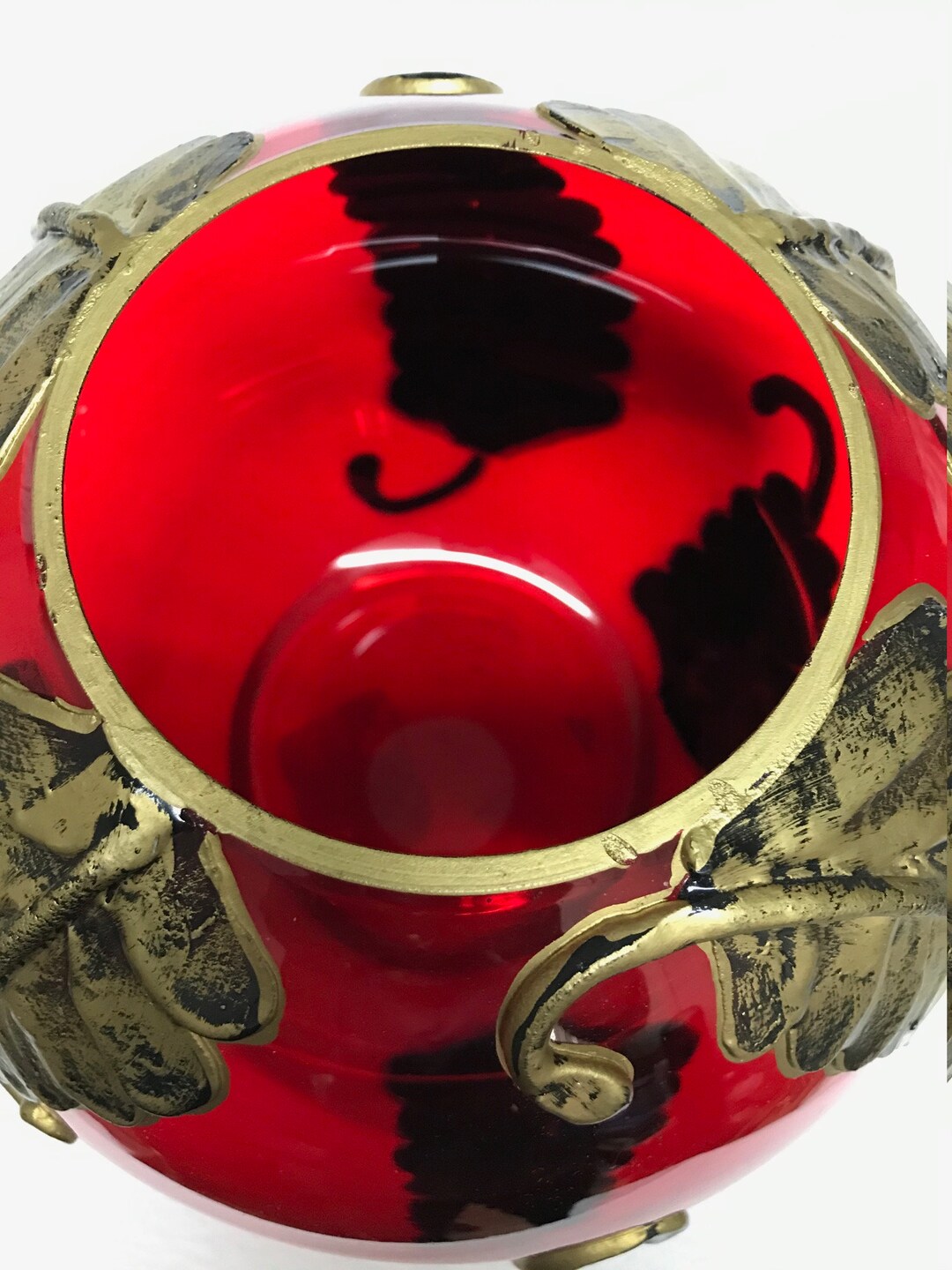 Fifth Avenue Crystal Round Red Crystal Bowl With Gold Leaves 7 - Etsy