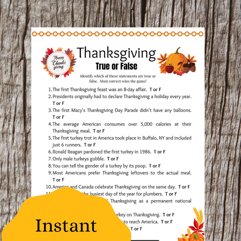 Thanksgiving True or False - Etsy