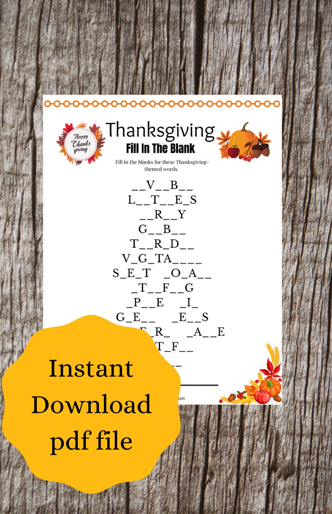 Thanksgiving Fill in the Blank Game | Printable Family Party (PDF) - Etsy