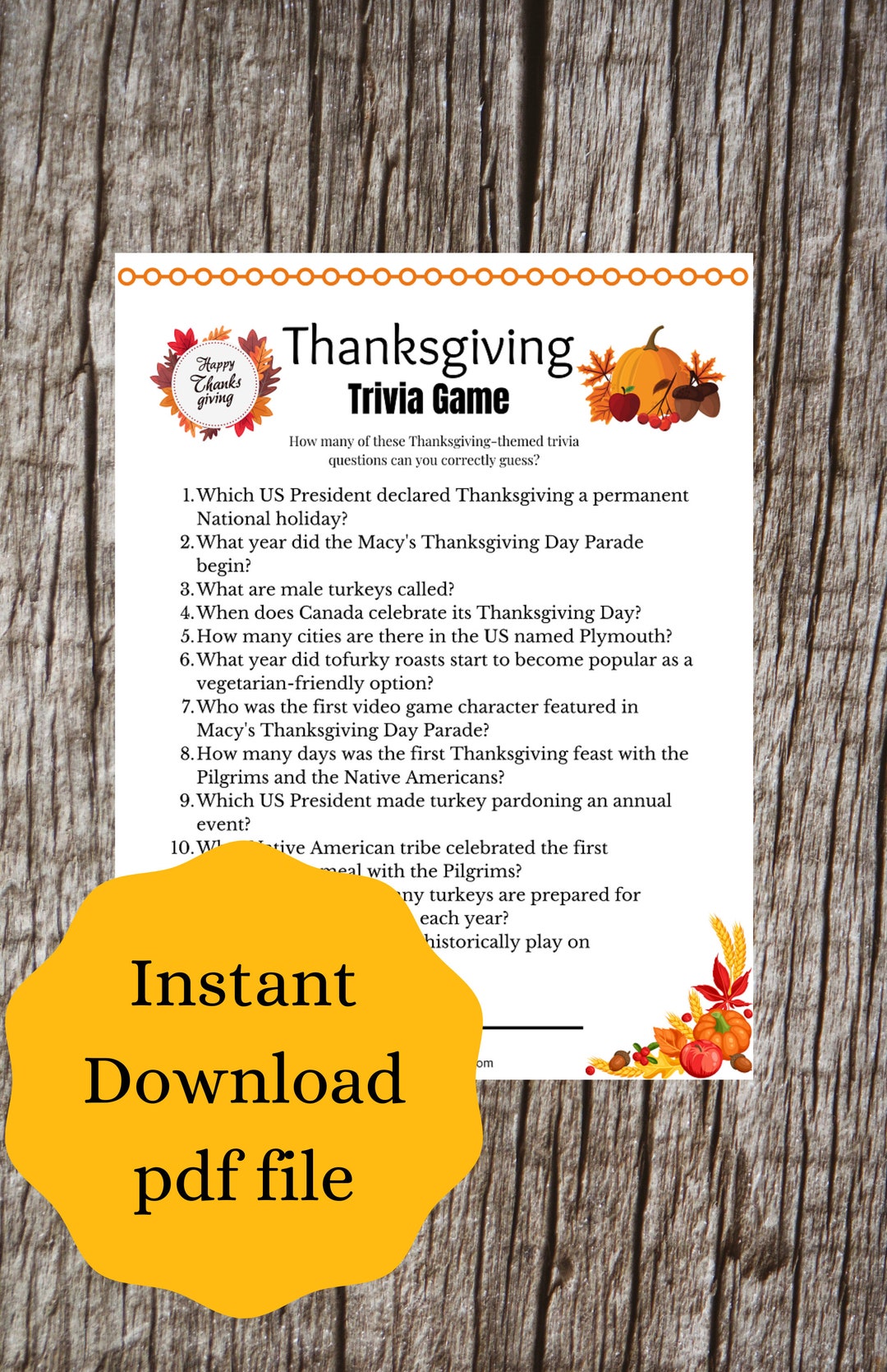 Thanksgiving Trivia Game | Family Party (PDF Pattern) - Etsy
