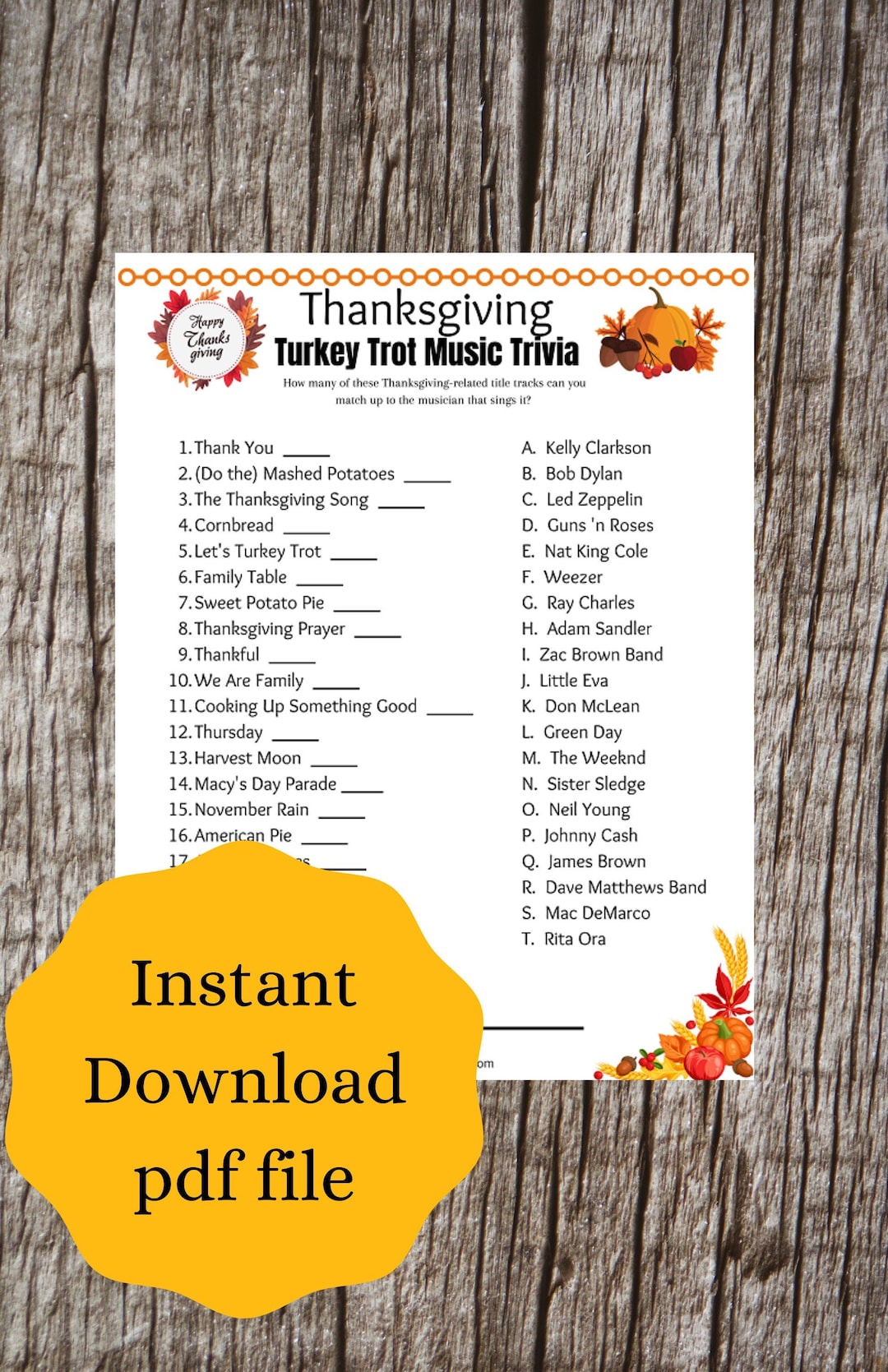 Thanksgiving Turkey Trot Music Trivia Family Party Game | Thanksgiving ...