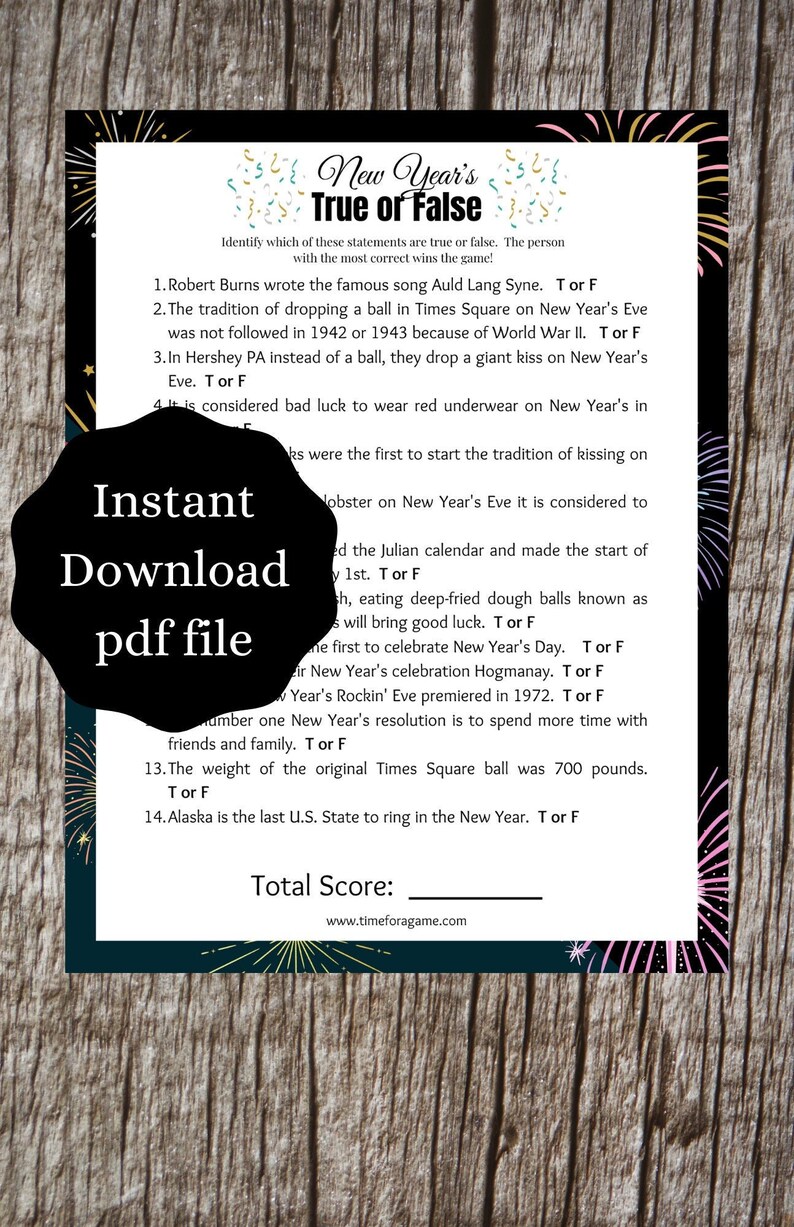 New Year's True or False Printable Games Family Party Game | New Year ...