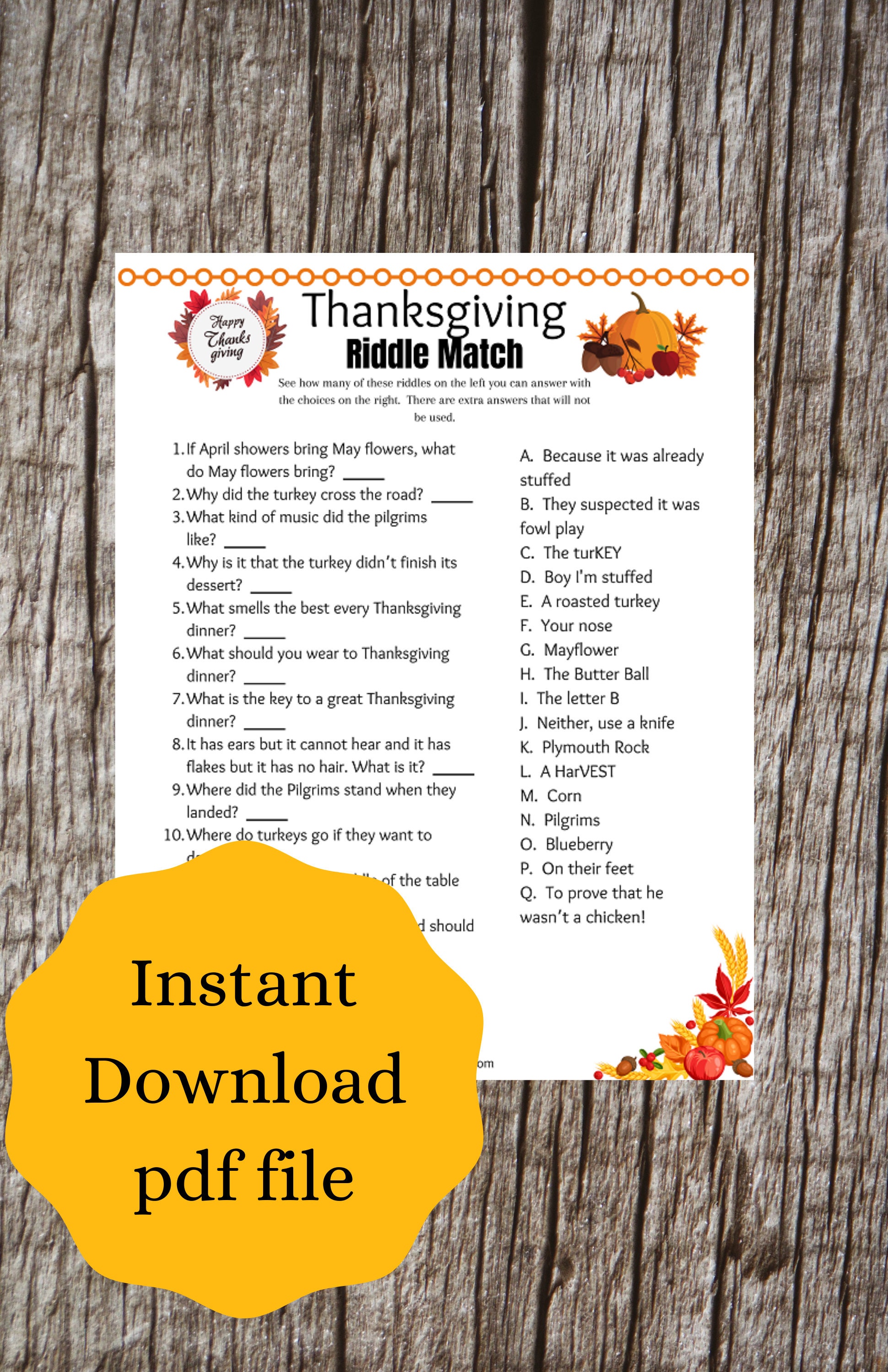 Thanksgiving Riddle Match Family Party Game | Thanksgiving Kids ...