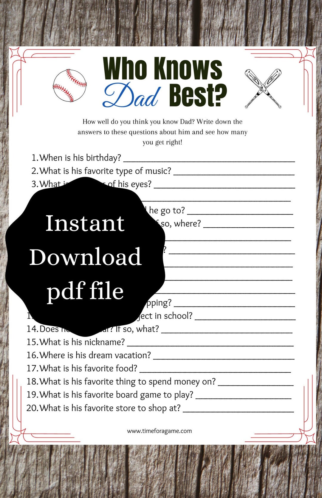 Do You Know DAD Printable Party Game | Father's Day Printables | Dad's ...