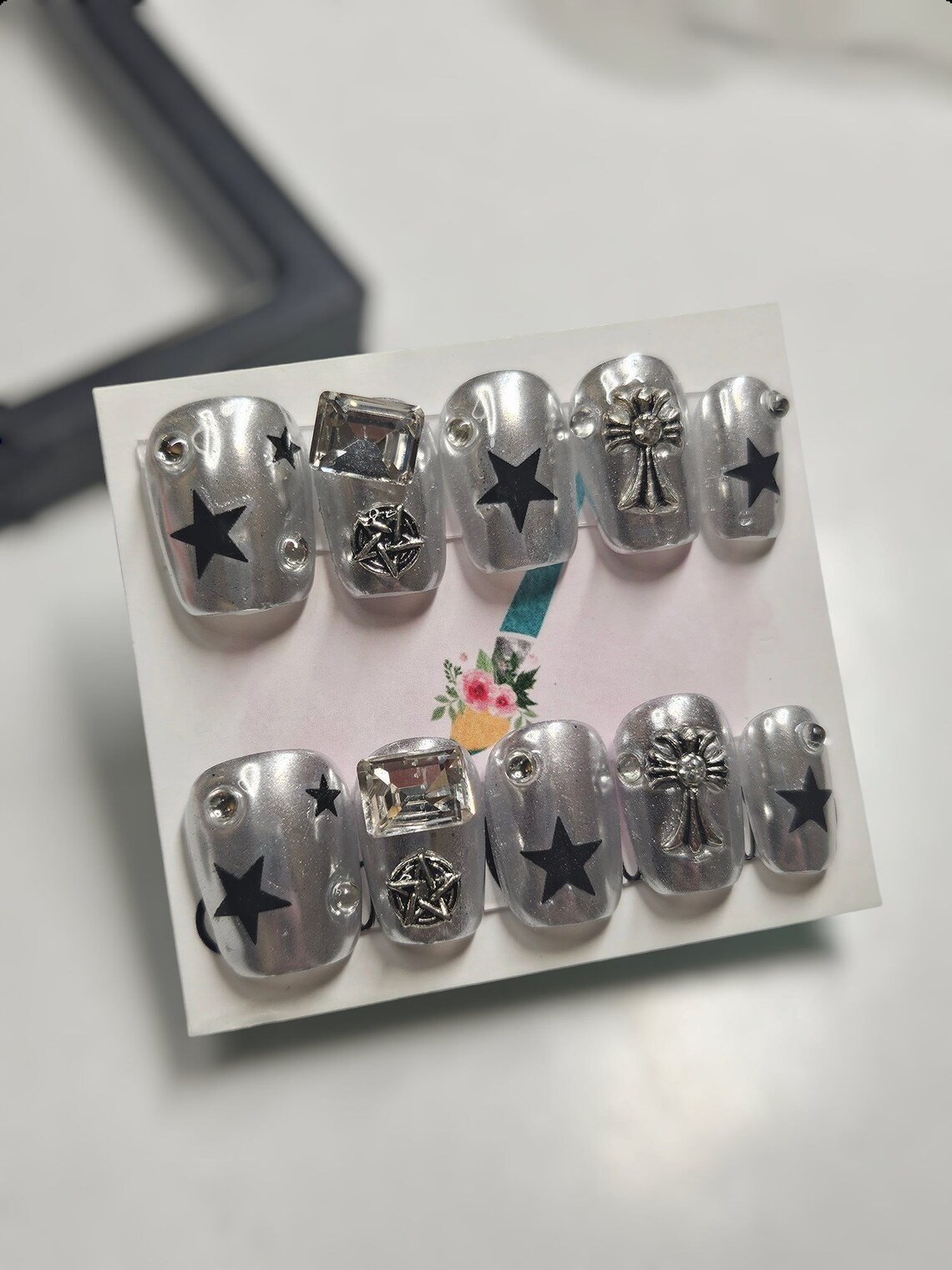 Crystal Luxury Star Nails With Gems Rhinestones | Chrome Silver ...