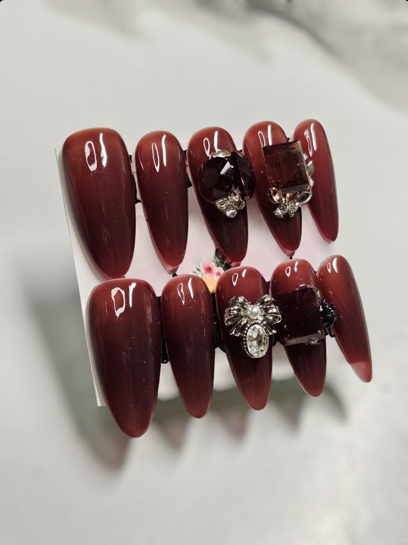 Crystal Luxury Gorgeous Red Almond Nails With Gems Rhinestones | Almond ...