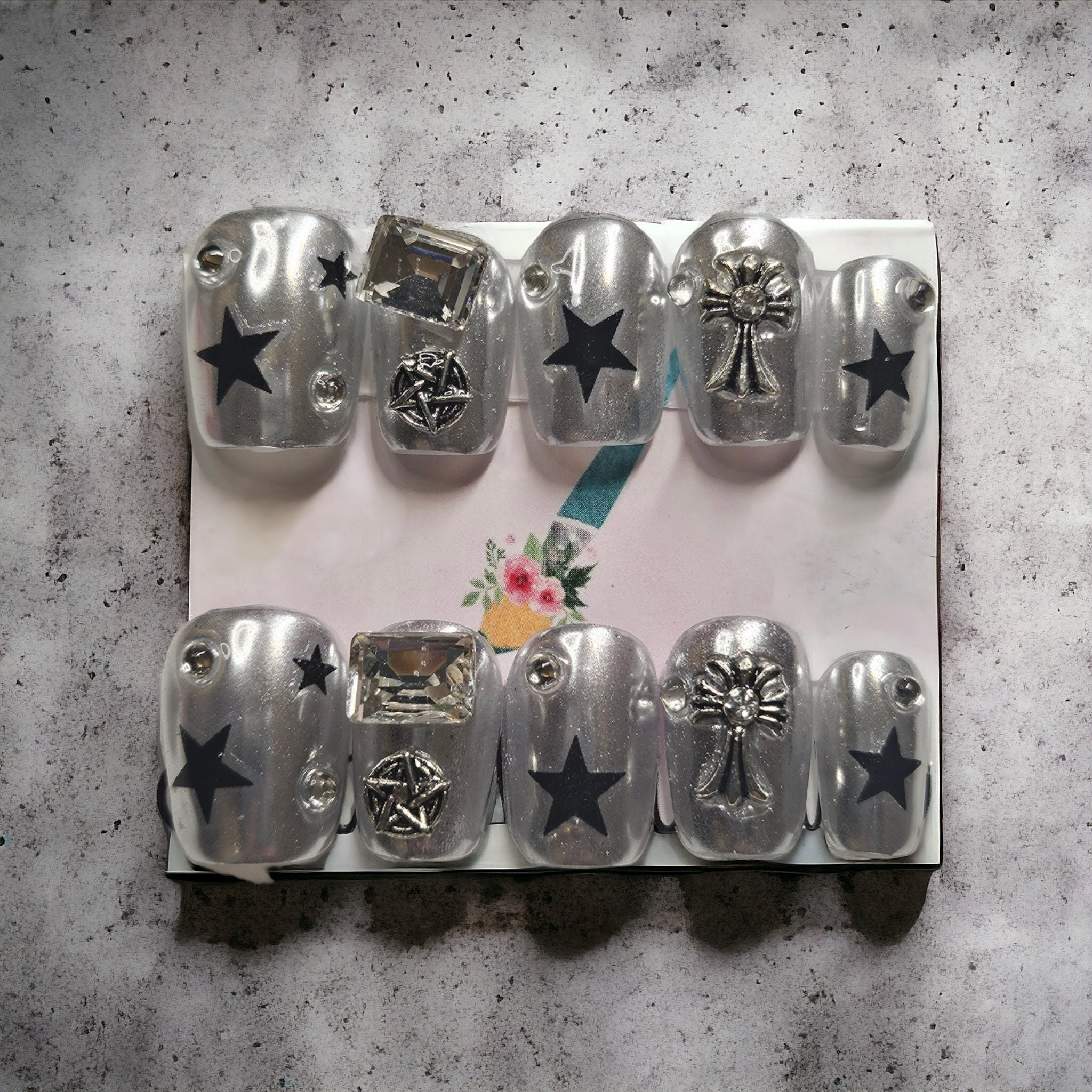 Crystal Luxury Star Nails With Gems Rhinestones | Chrome Silver ...