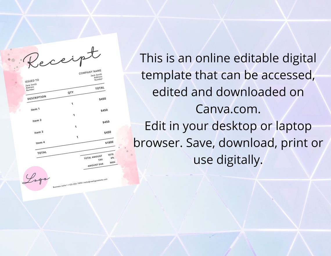 Receipt Editable Template, Printable Order Form Invoice, Small Business ...
