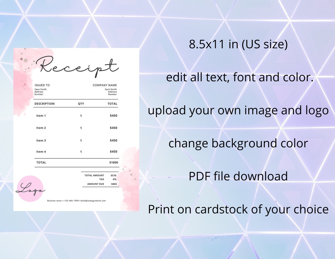 Receipt Editable Template, Printable Order Form Invoice, Small Business ...