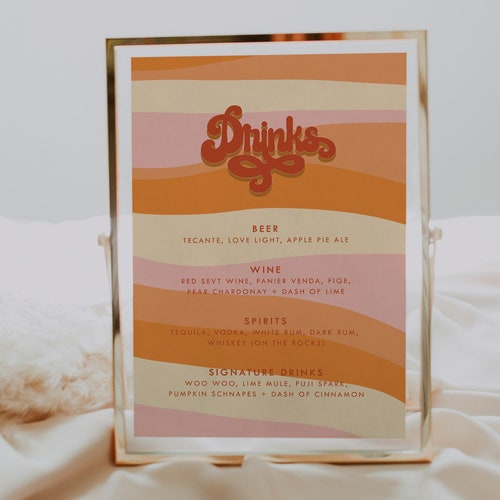 Retro 1970s Bar Menu Groovy Drink Menu Retro Wedding & - Etsy