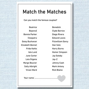 Famous Couples Matching Game for Bridal Showers / Instant Download - Etsy