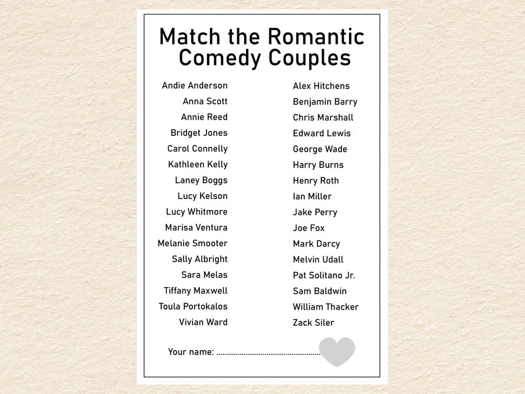 Romantic Comedy Couples Matching Game for Bridal Showers / Instant ...