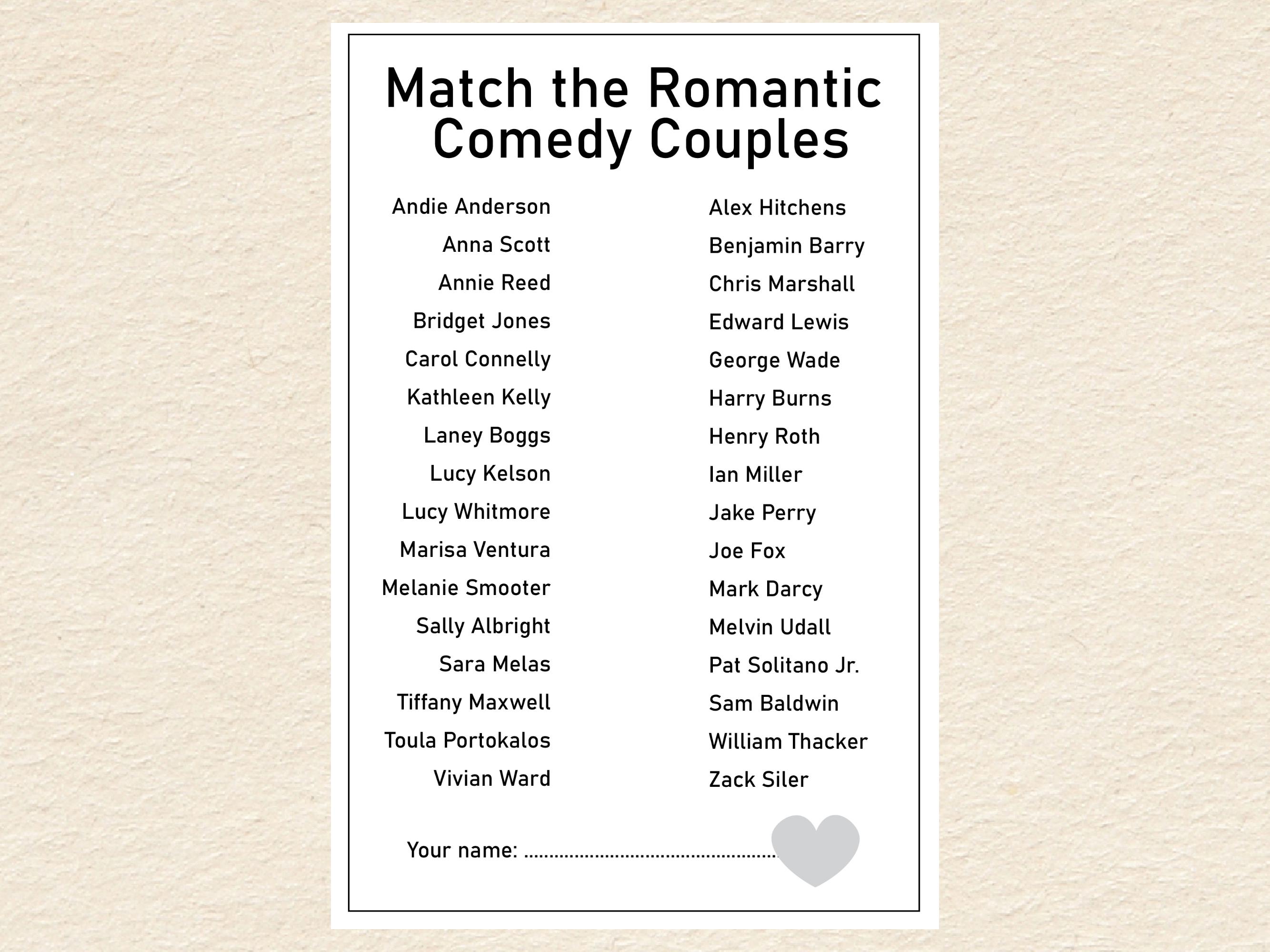 Romantic Comedy Couples Matching Game for Bridal Showers / Instant ...