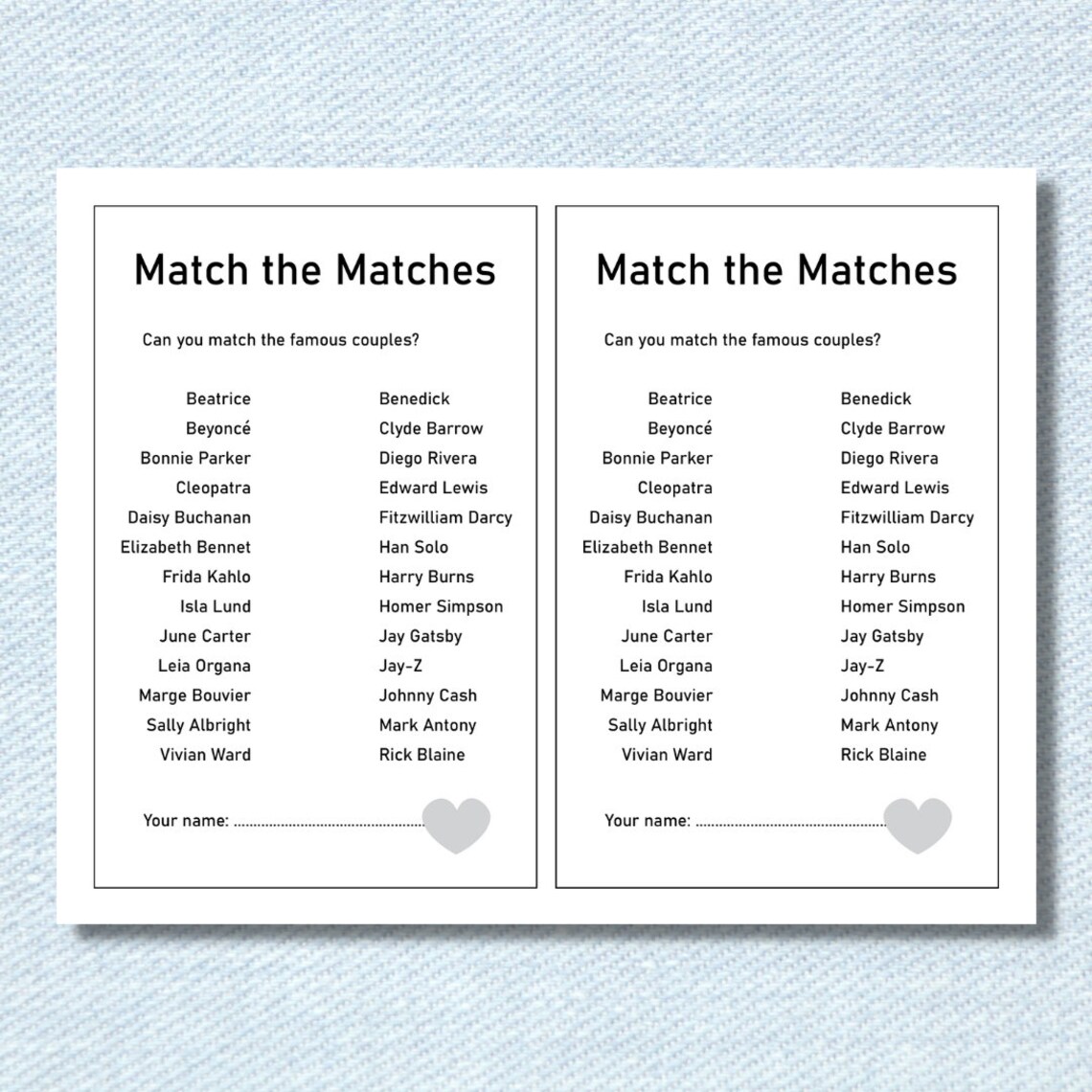Famous Couples Matching Game for Bridal Showers / Instant Download - Etsy