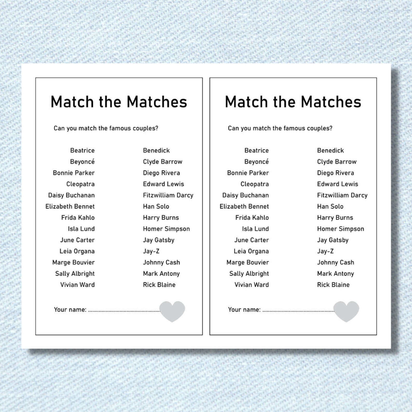 Famous Couples Matching Game for Bridal Showers / Instant Download - Etsy
