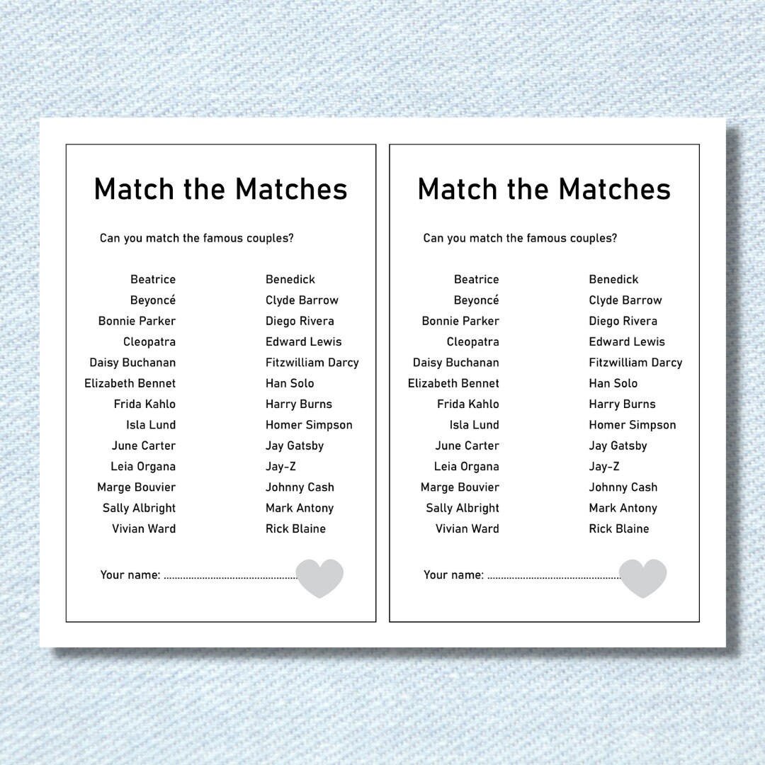 Famous Couples Matching Game for Bridal Showers / Instant Download - Etsy