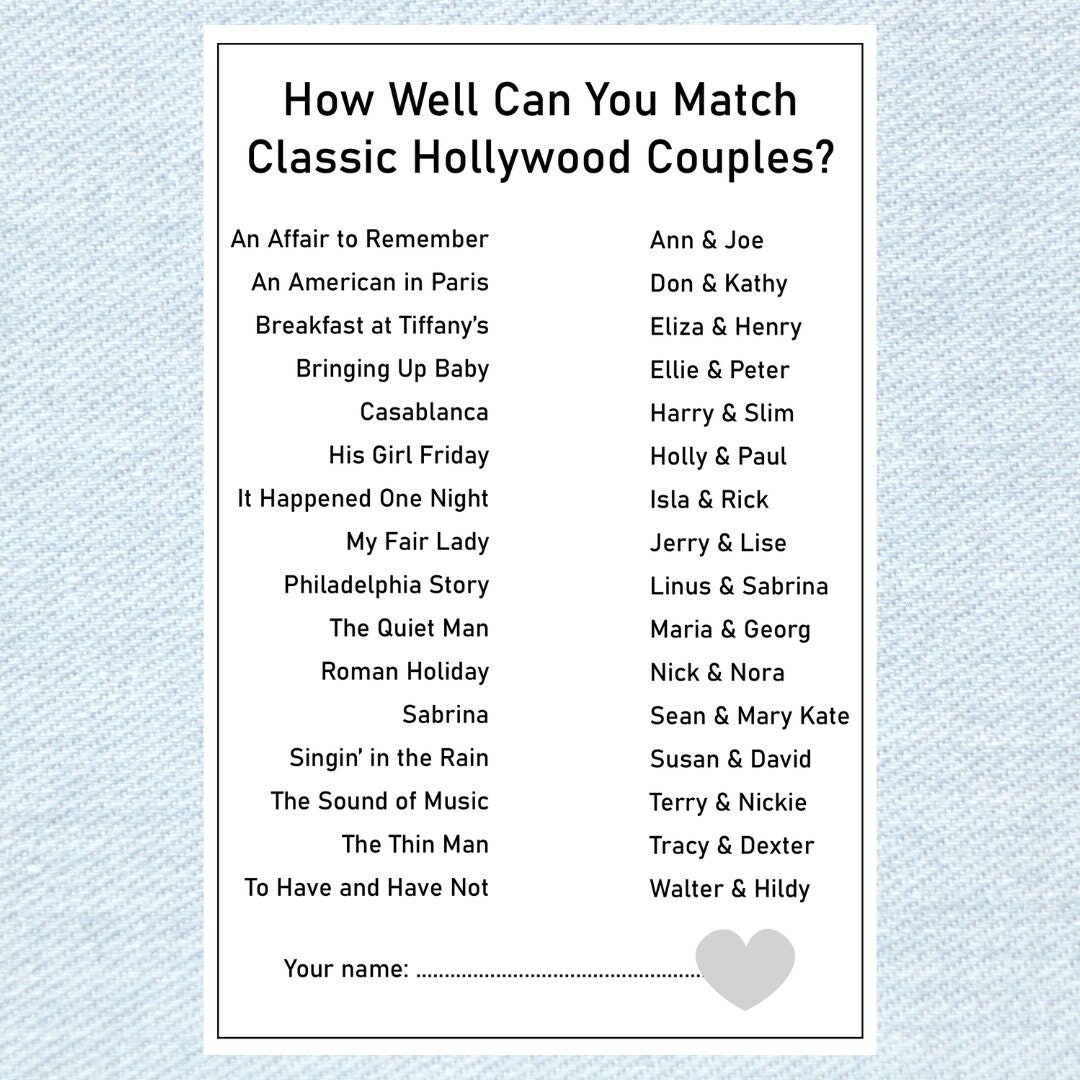 Classic Hollywood Couples Matching Game / Instant Download / Bridal ...