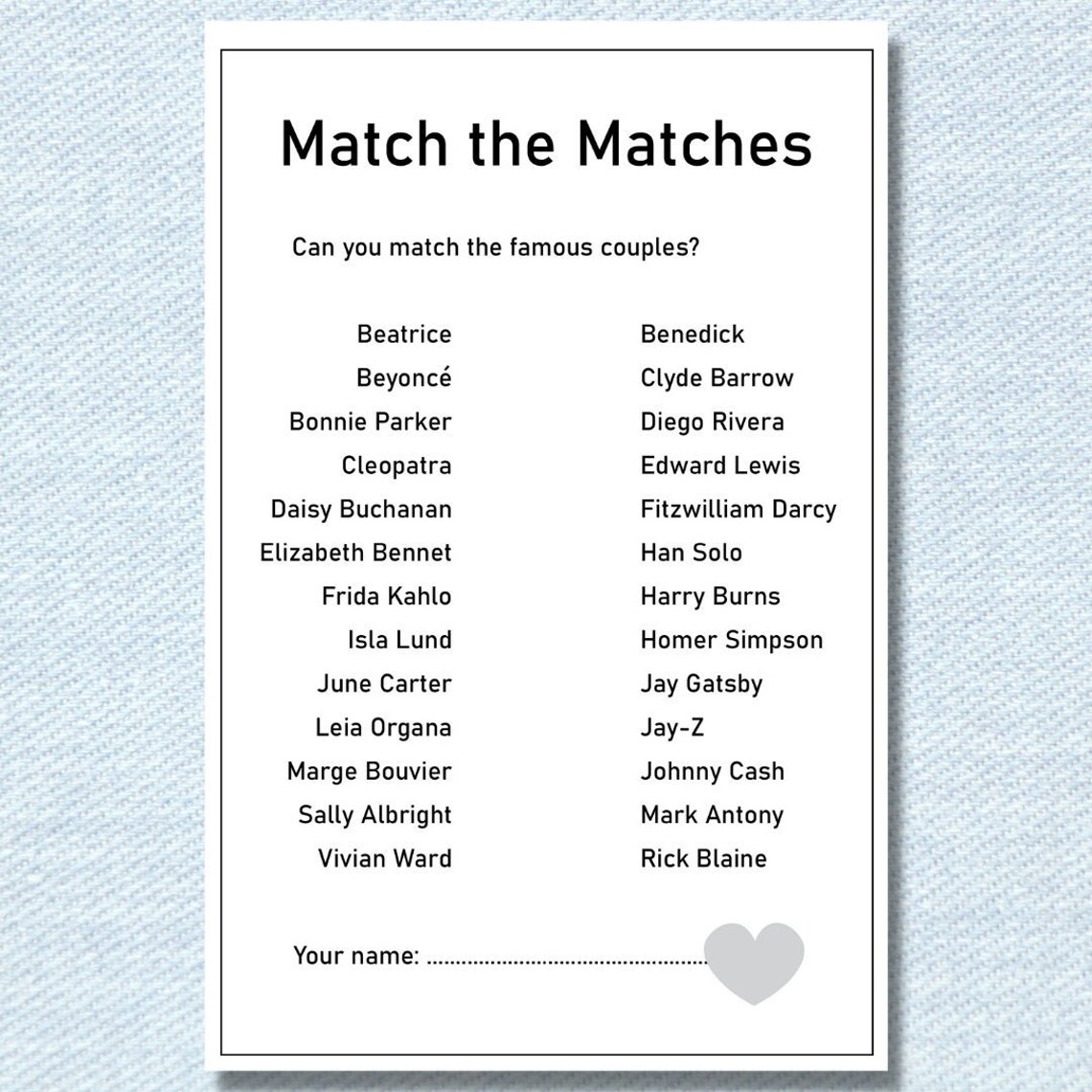 Famous Couples Matching Game for Bridal Showers / Instant Download - Etsy