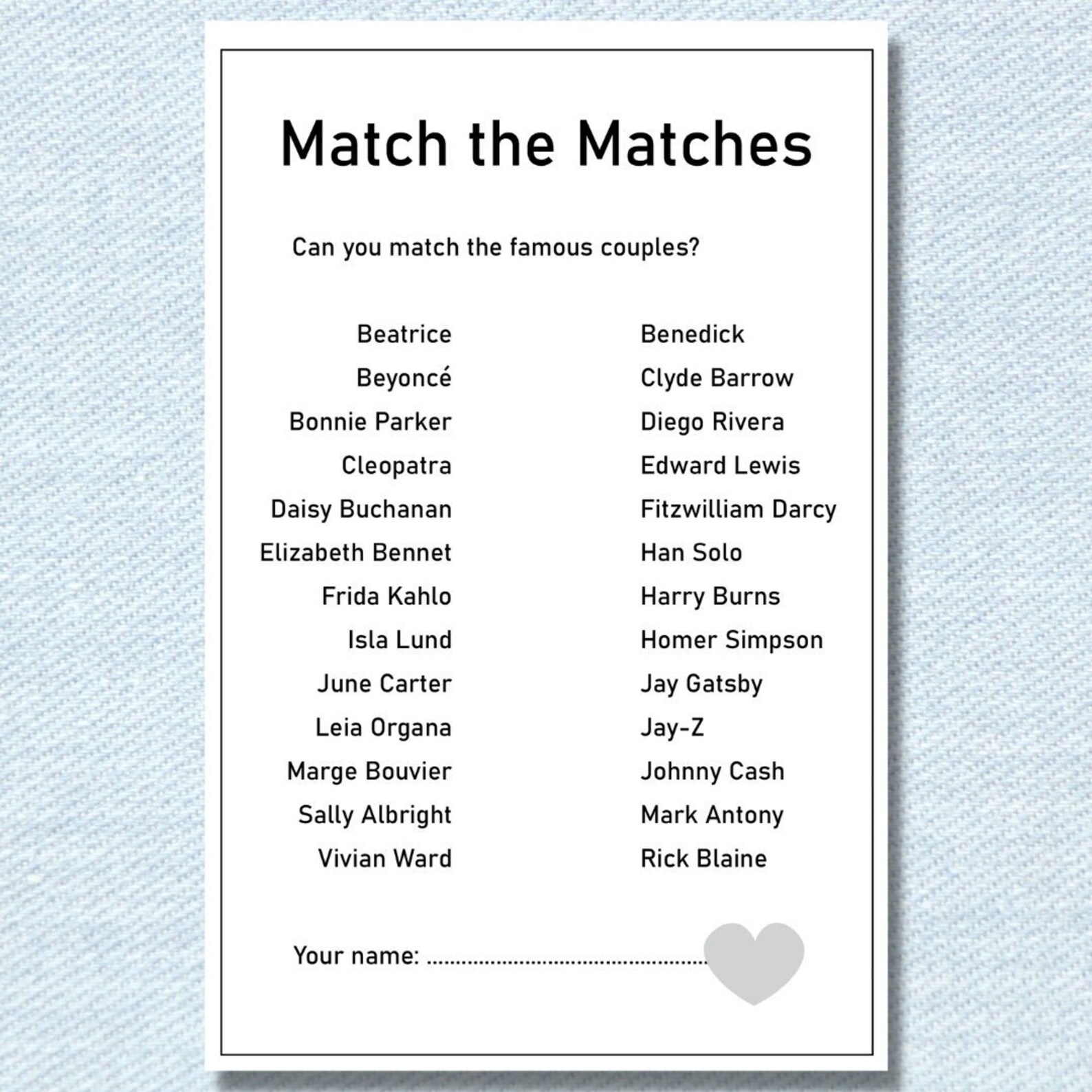Famous Couples Matching Game for Bridal Showers / Instant Download - Etsy