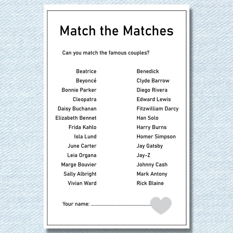 Famous Couples Matching Game for Bridal Showers / Instant Download - Etsy