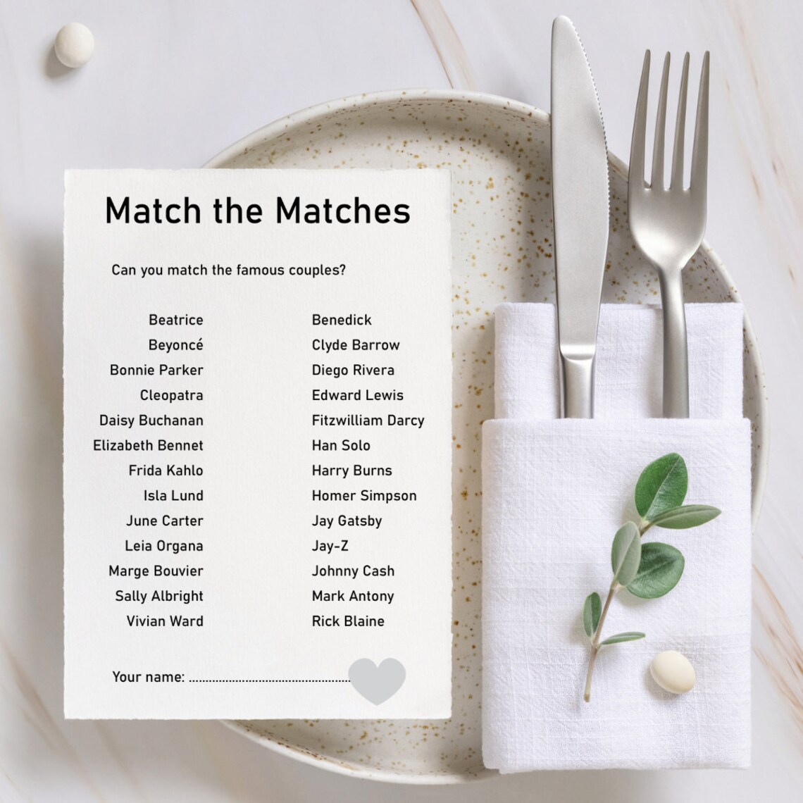 Famous Couples Matching Game for Bridal Showers / Instant Download - Etsy