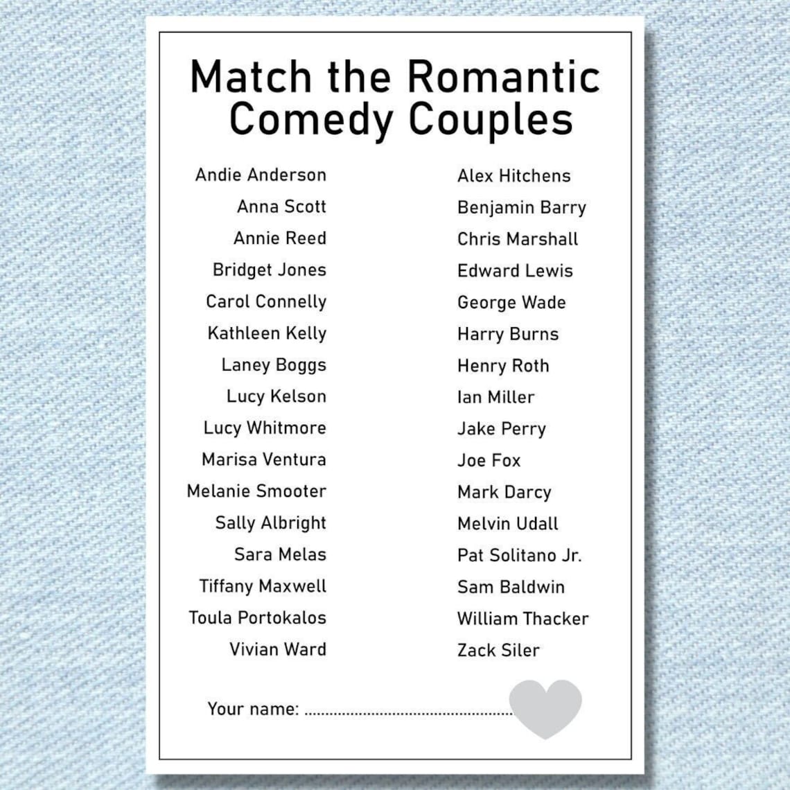 Romantic Comedy Couples Matching Game for Bridal Showers / Instant ...