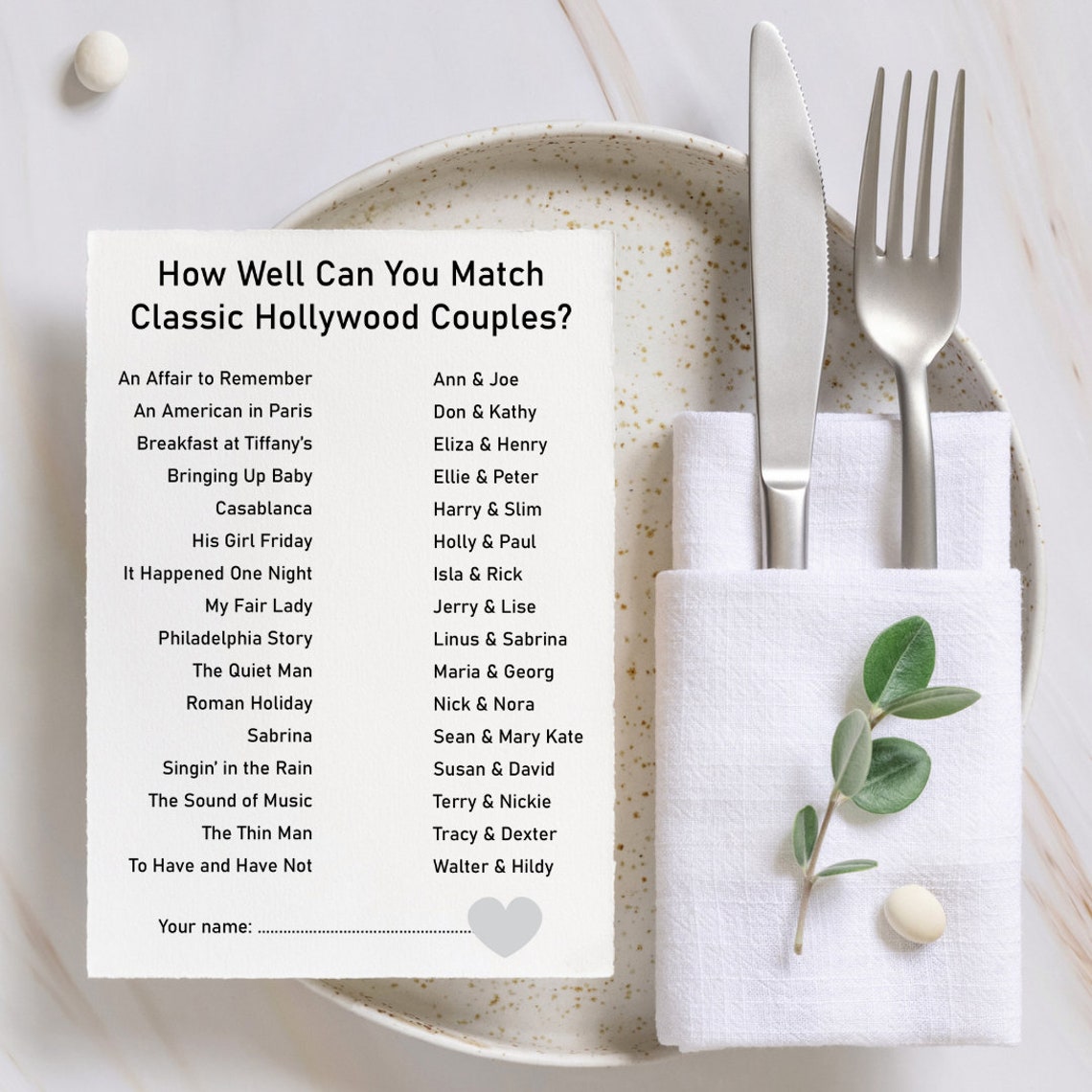 Classic Hollywood Couples Matching Game / Instant Download / Bridal ...