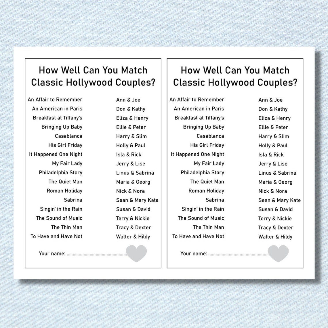 Classic Hollywood Couples Matching Game / Instant Download / Bridal ...