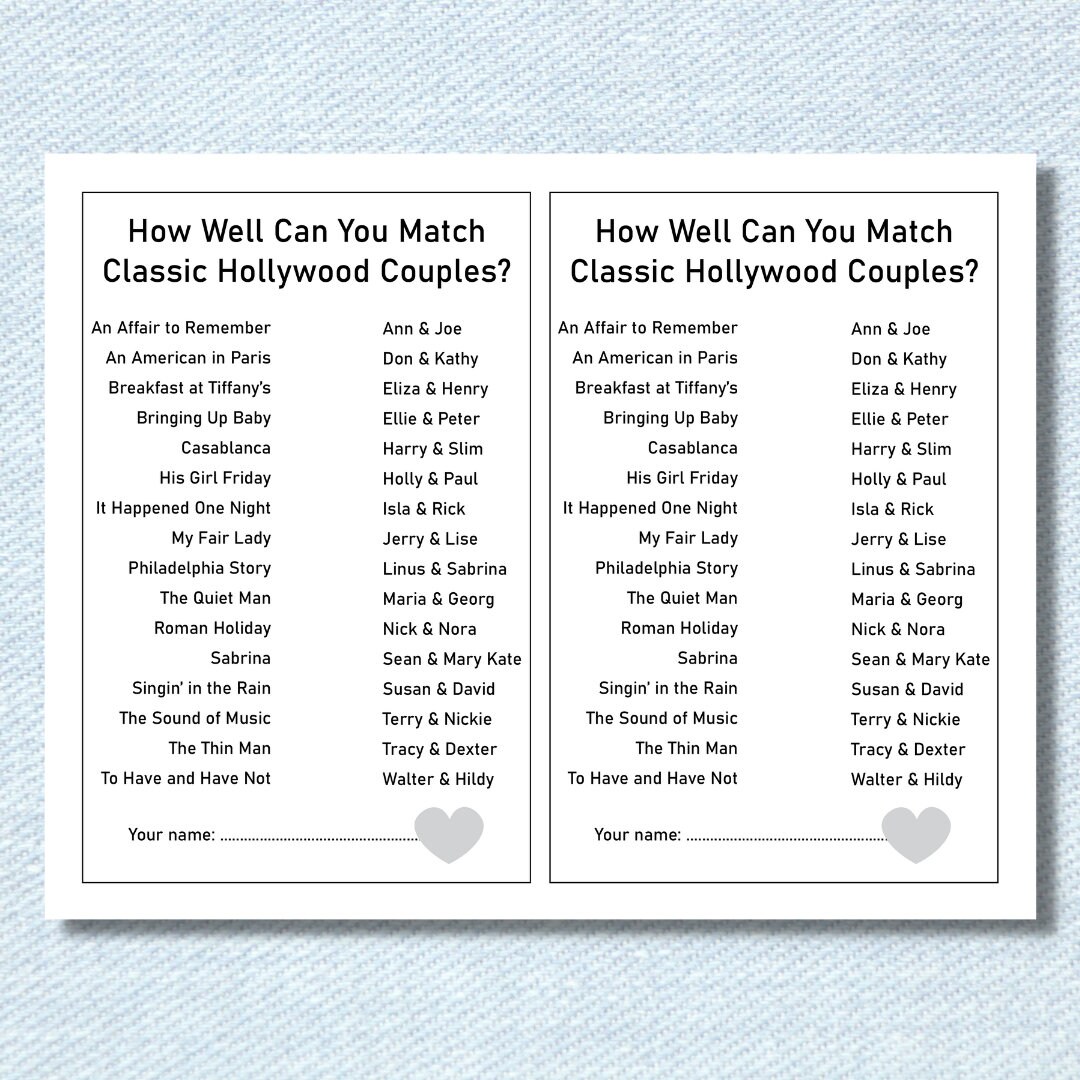 Classic Hollywood Couples Matching Game / Instant Download / Bridal ...