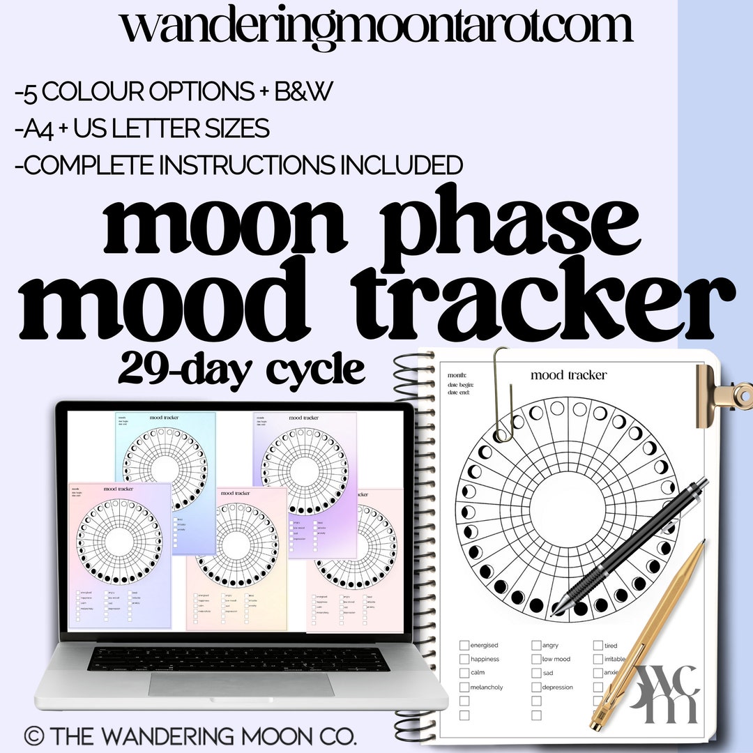 Mood Tracker With Moon Phase Chart, Colour Chart, Tracking Cycle, Print ...