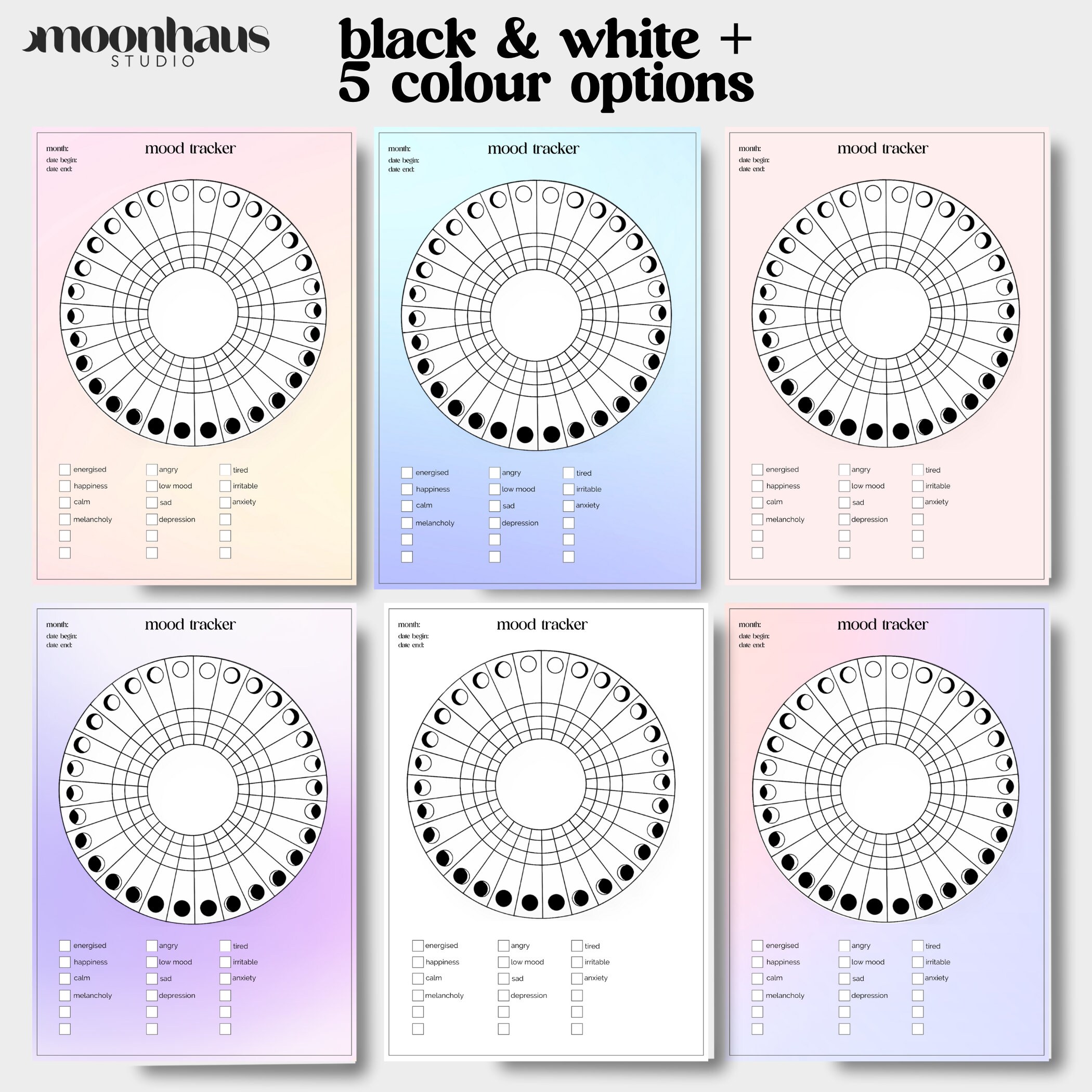 Mood Tracker With Moon Phase Chart, Colour Chart, Tracking Cycle, Print ...