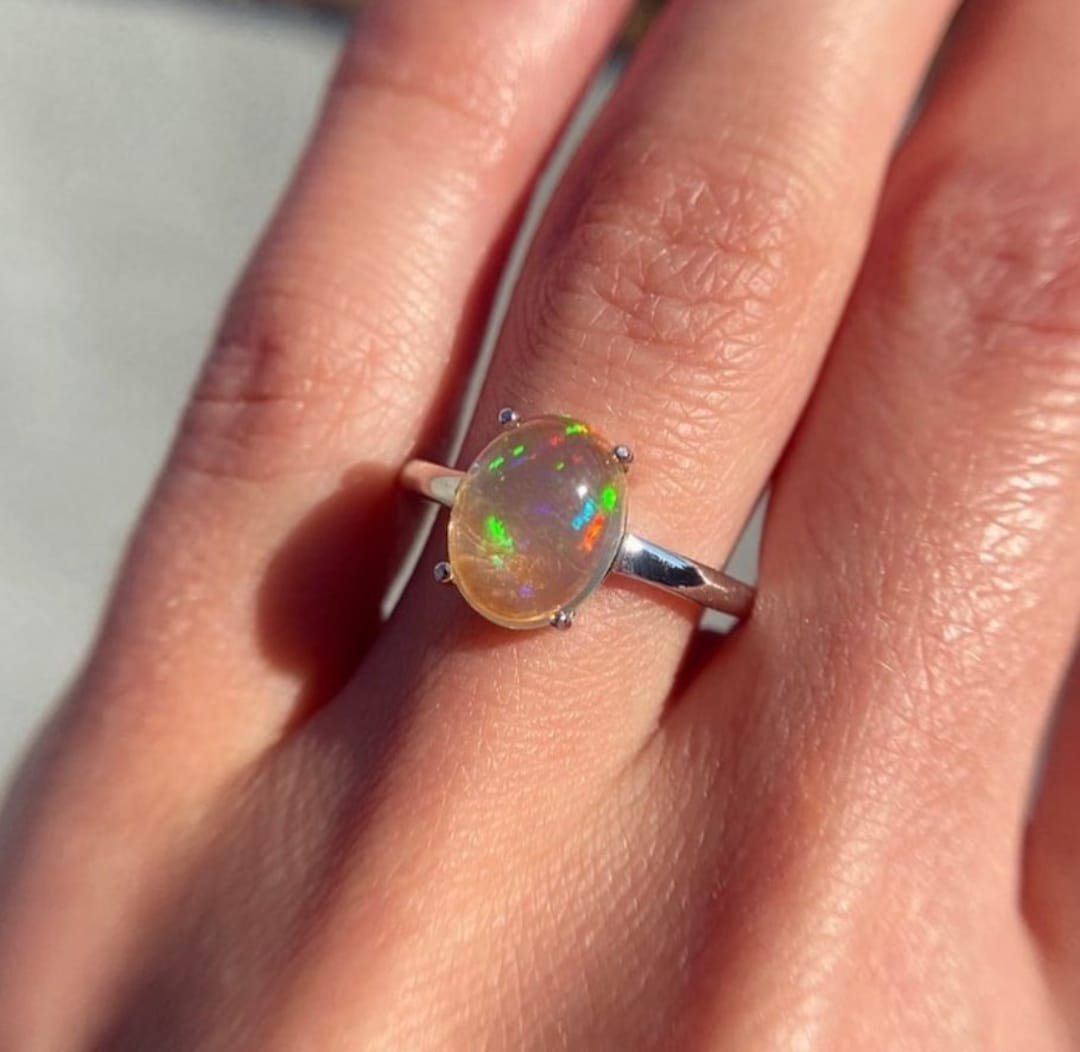 Ethiopian Fire Opal Ring / Simple Opal Ring / White Opal Ring / 14k ...