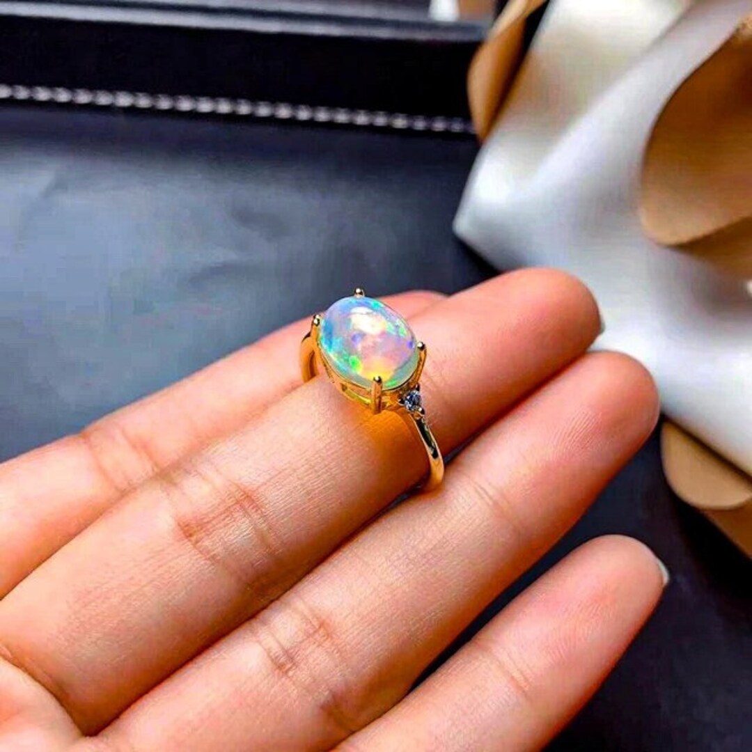 Natural Oval Opal Ring Gold Three Stone Engagement Ring Dainty October ...