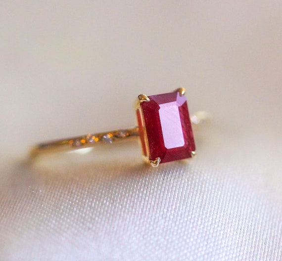 Ruby Stacked Ring Ruby Ring Emerald Cut Ruby Ring 14k - Etsy