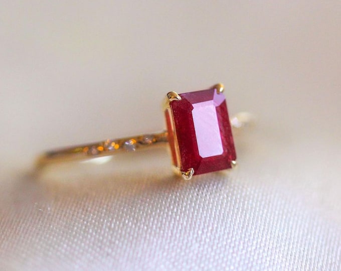 Ruby Stacked Ring Ruby Ring Emerald Cut Ruby Ring 14k - Etsy