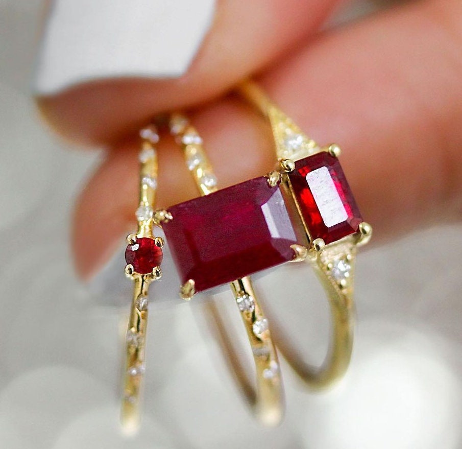 Ruby Stacked Ring Ruby Ring Emerald Cut Ruby Ring 14k - Etsy
