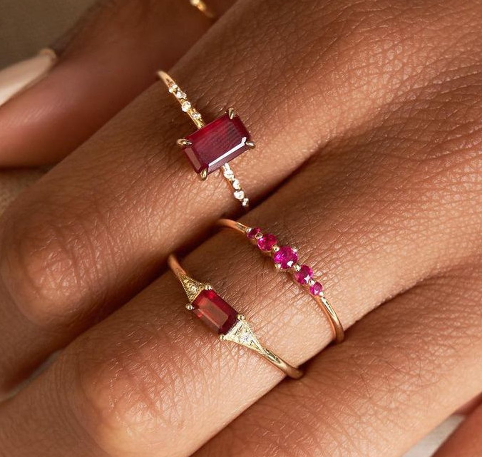 Ruby Stacked Ring Ruby Ring Emerald Cut Ruby Ring 14k - Etsy