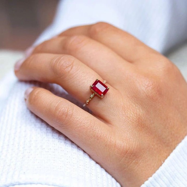 Ruby Stacked Ring Ruby Ring Emerald Cut Ruby Ring 14k - Etsy