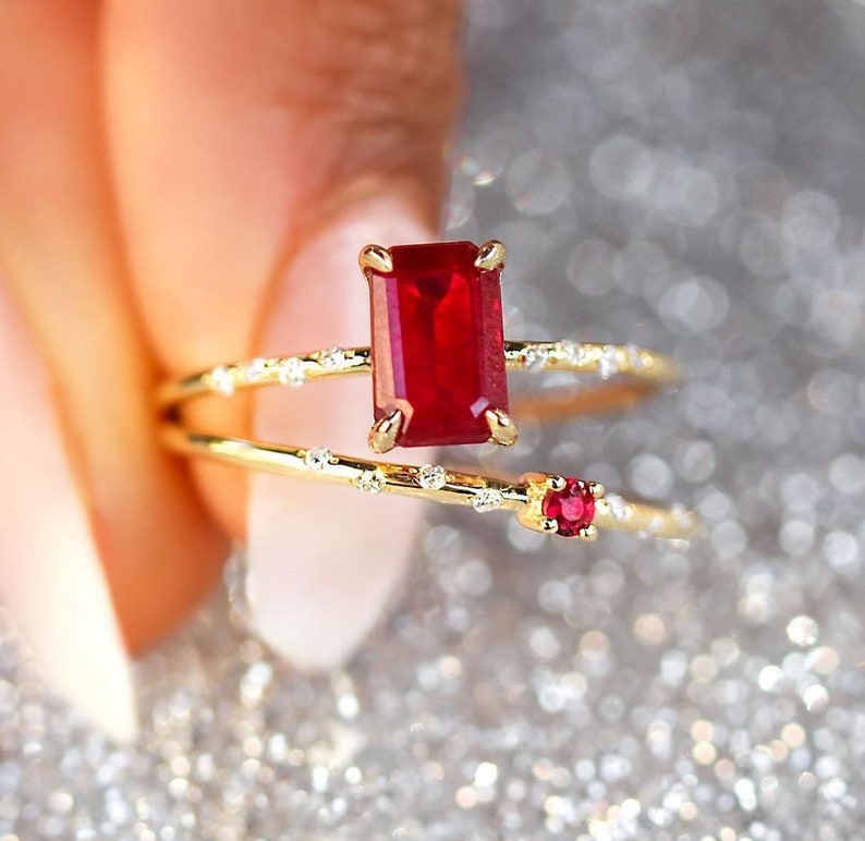 Ruby Stacked Ring Ruby Ring Emerald Cut Ruby Ring 14k - Etsy