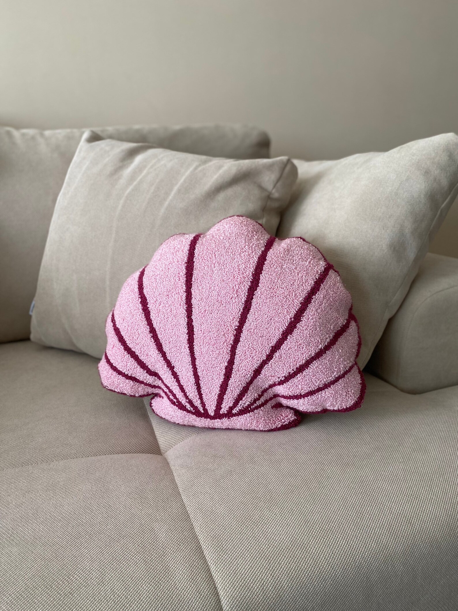 Handmade Punch Needle Seashell Pillow: Natural Cotton Decorative Pillow ...